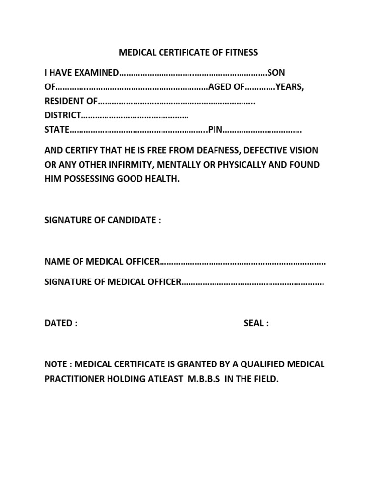 Format of Medical Certificate Fitness | PDF