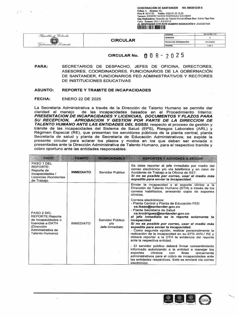 Circular 008 - 2025 Reporte y Tramite de Incapacidades | PDF