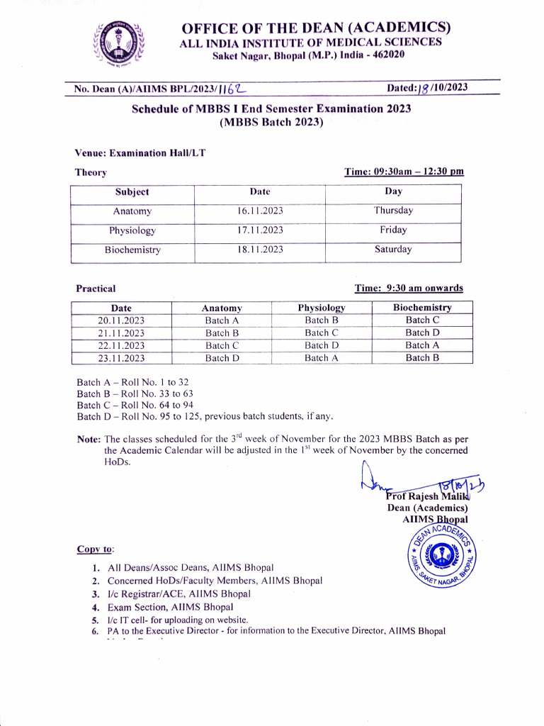 MBBS I End Semester 2023 Batch | PDF | Educational Stages | Health Sciences