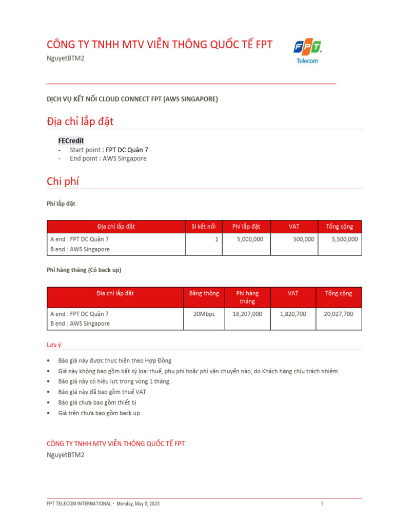 Báo Giá Cloud Connect - FEcredit - 05052025 | PDF