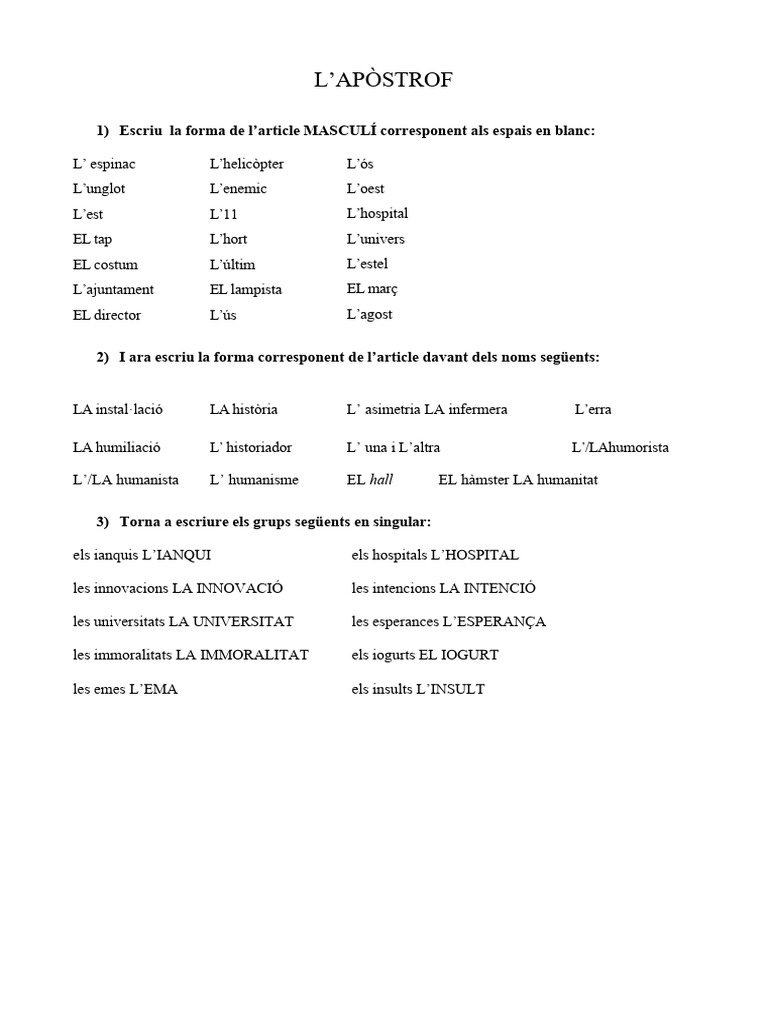 Exercicis de L'apòstrof I La Contracció PER IMPRIMIR | PDF