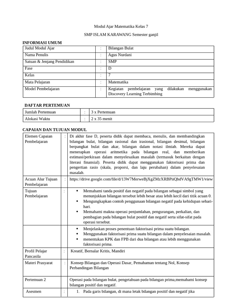 Modul Ajar Matematika Kelas 7 Bab 1 | PDF