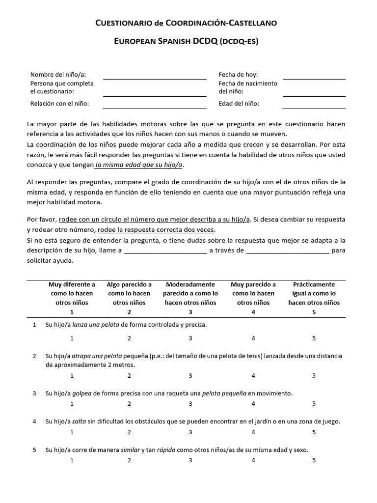 Cuestionario de Coordinacion DCDQ-ES | PDF