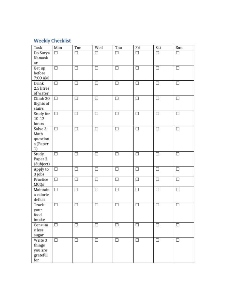 Weekly Checklist | PDF