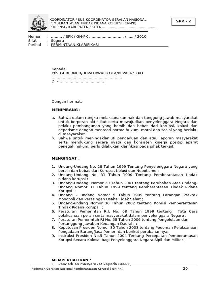 Surat Permintaan Klarifikasi (Model SPK-2) | PDF