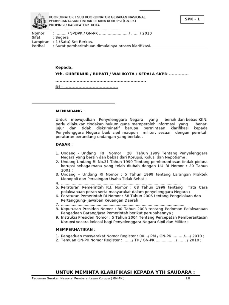 Surat Permintaan Klarifikasi (Model SPK-1) | PDF