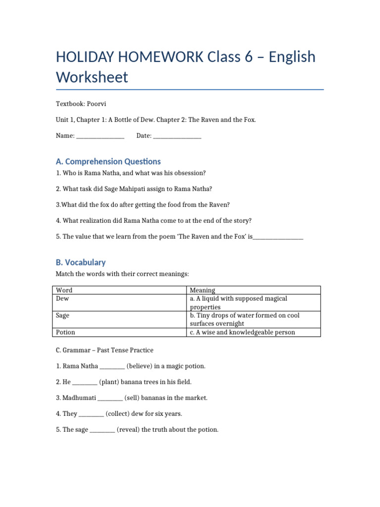 Holiday Homework English 6 | PDF