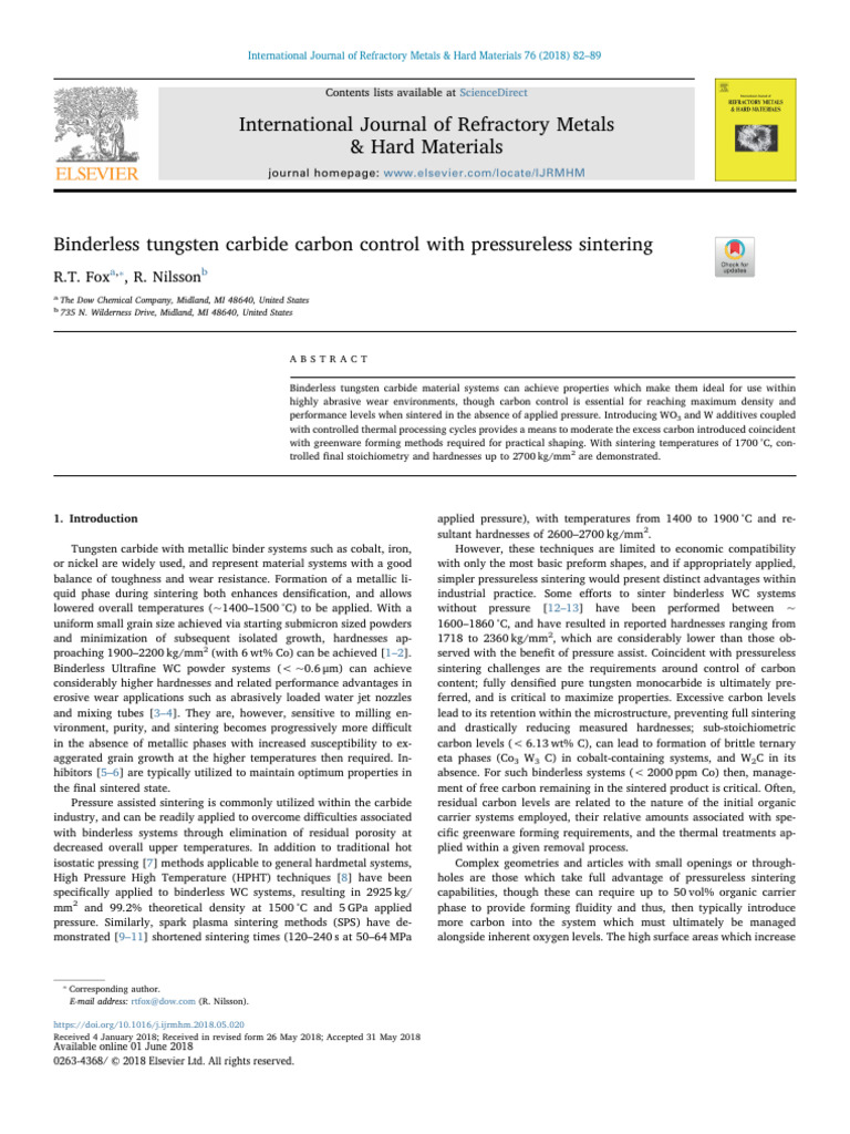 Binderless Tungsten Carbide Carbon Control With Pressureless Sintering ...