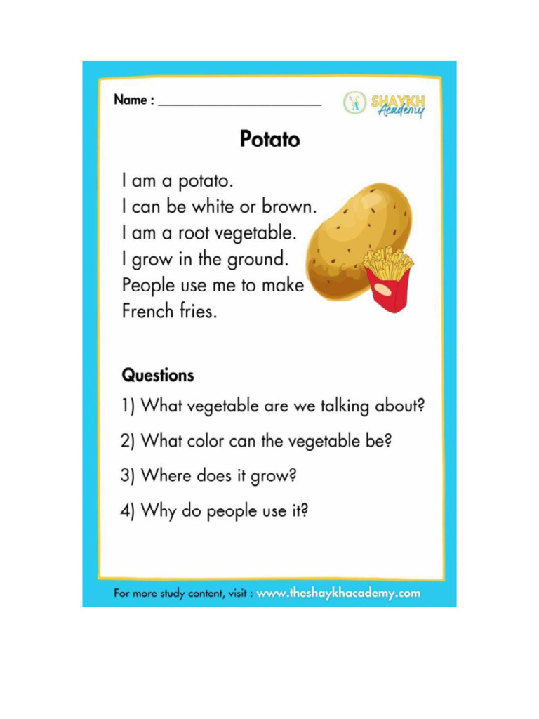 Beginner Reading Comprehension Potato | PDF