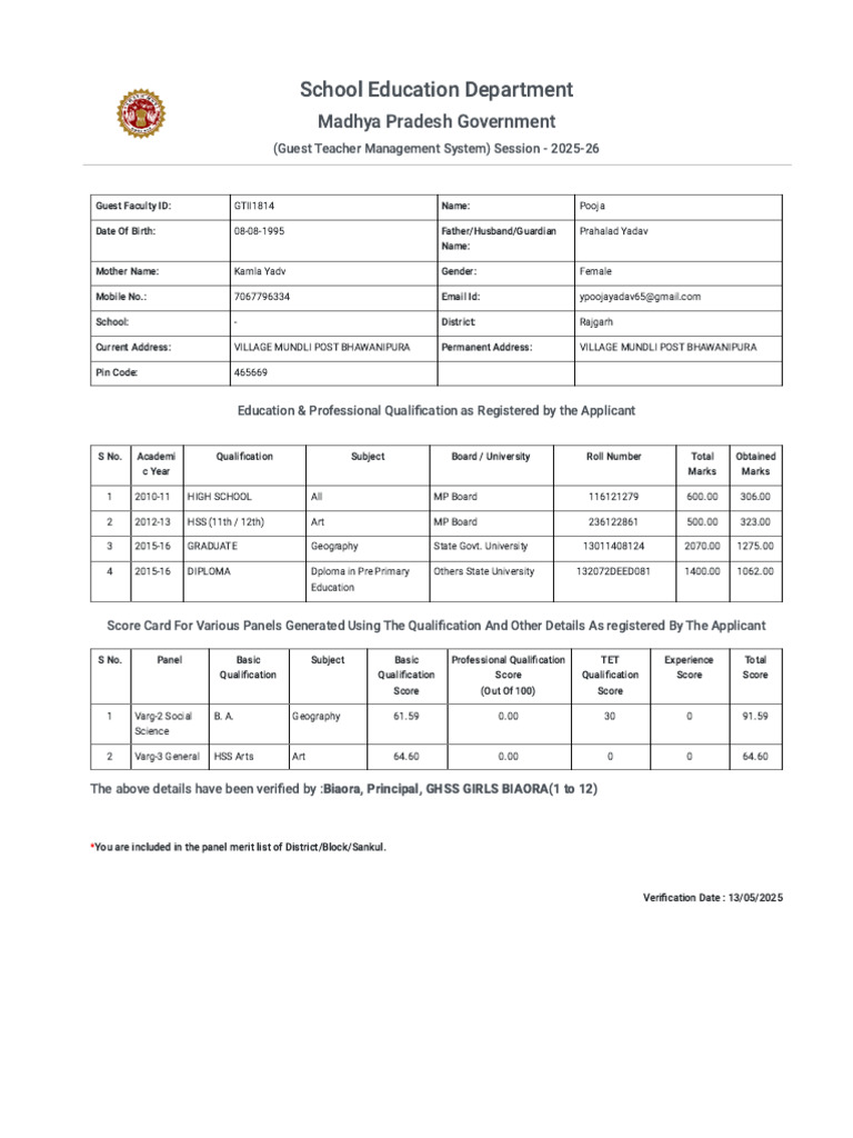 Madhya Pradesh Guest Teacher Scorecard | PDF | Computer Access Control ...