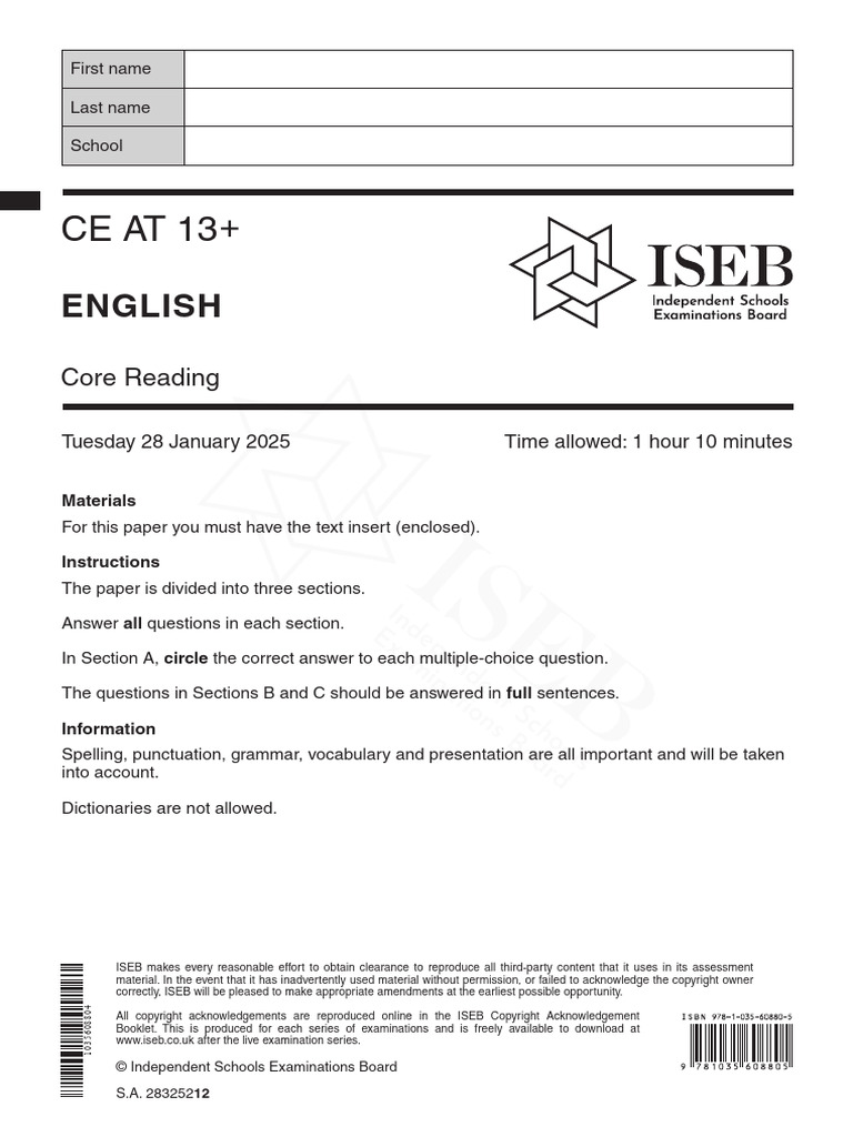 English CE 13+ Core Reading Exam Paper (Spring 2025) | PDF | Rhyme | Poetry