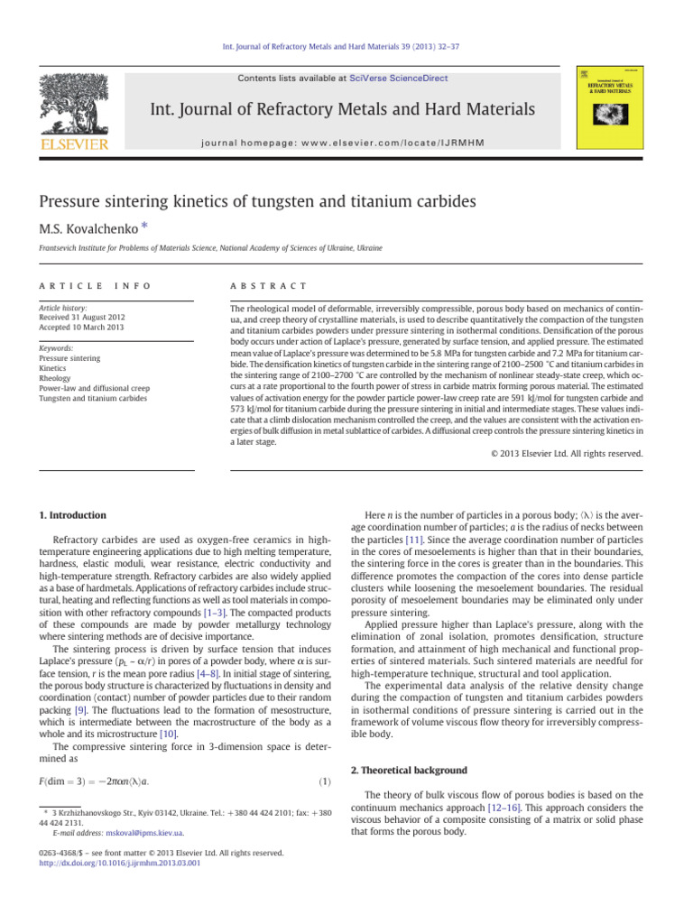 Pressure Sintering Kinetics of Tungsten and Titanium Carbides | PDF ...