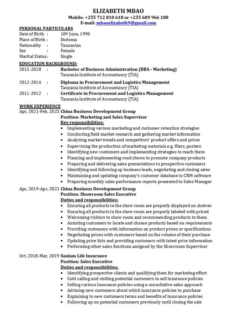 Elizabeth Mbao CV - Compressed | PDF | Marketing | Sales