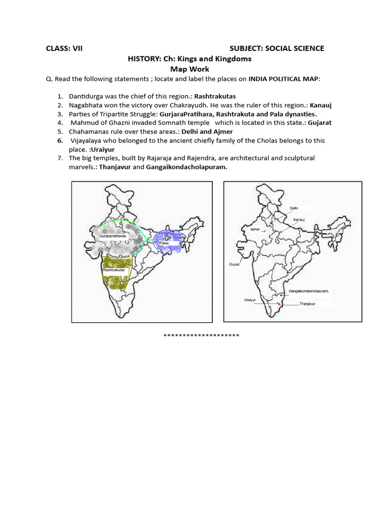 Map Work for Class 7: Kings and Kingdoms | PDF