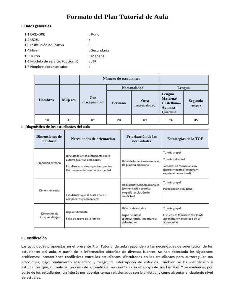 1 Propuesta de Plan Tutorial de Aula Secundaria | PDF | Las emociones ...