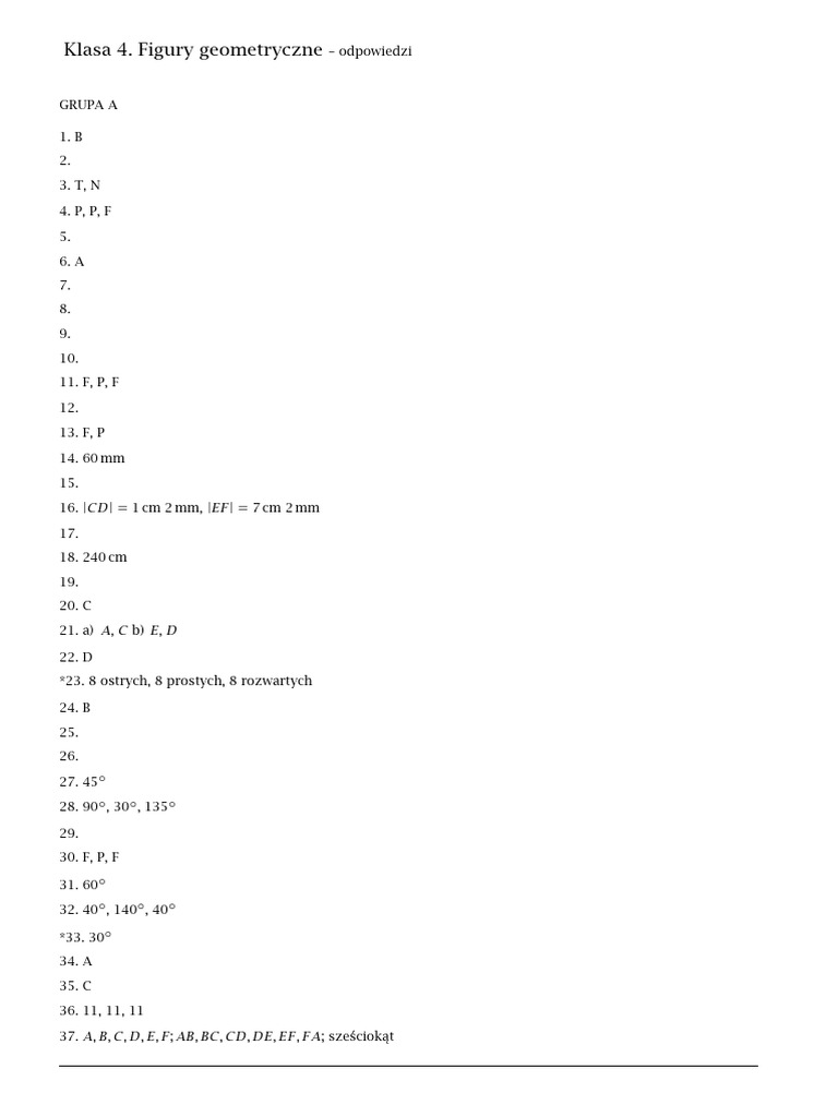 Test - Cala Baza - Klasa 4. Figury Geometryczne - Odpowiedzi | PDF