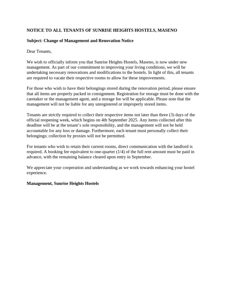 Notice To All Tenants of Sunrise Heights Hostels | PDF