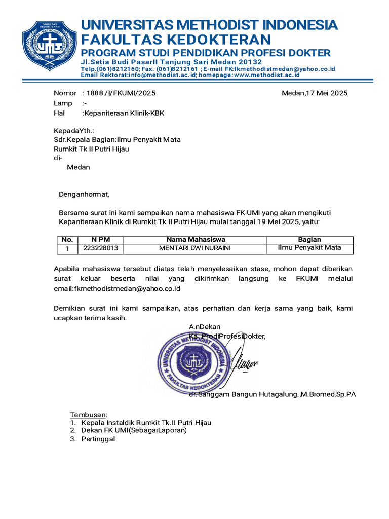 Surat Coas Stase MATA MENTARI Putri Hijau 19 MEI 2025 | PDF
