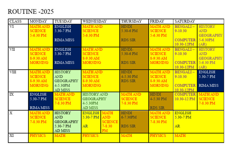 Class Routine 2025 Overview | PDF