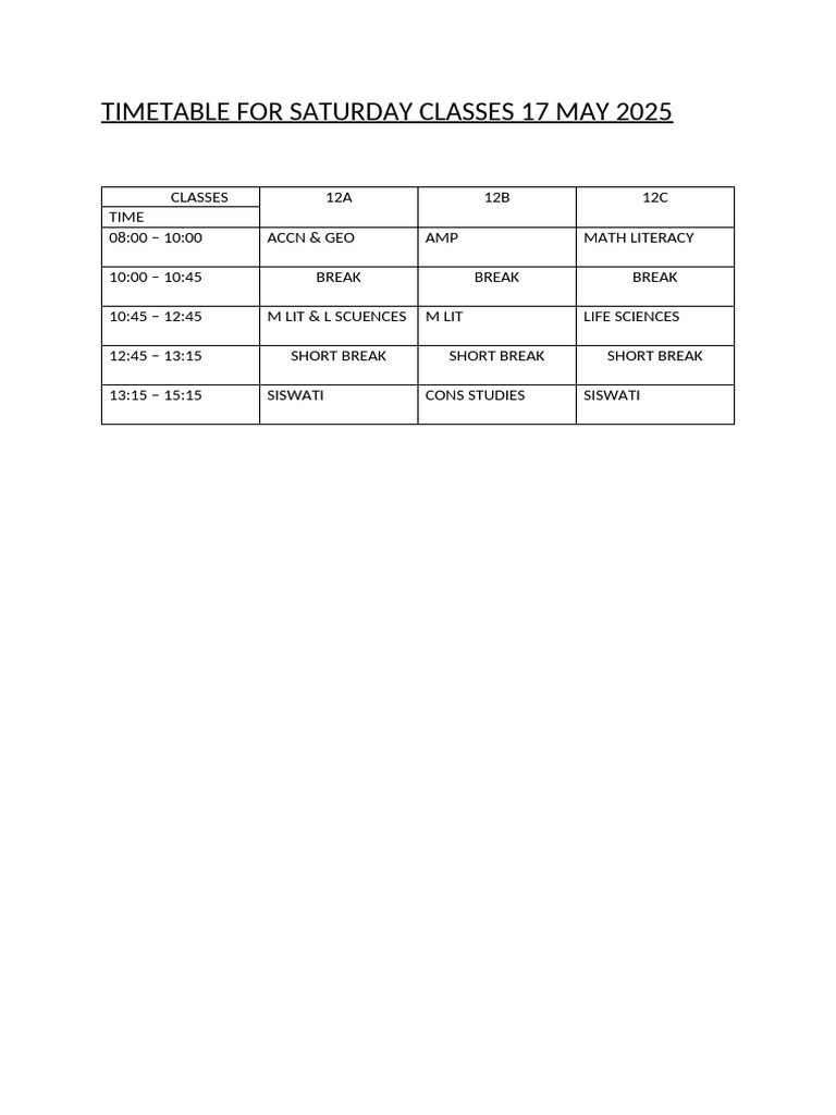 Timetable for Saturday Classes 17 May 2025 | PDF