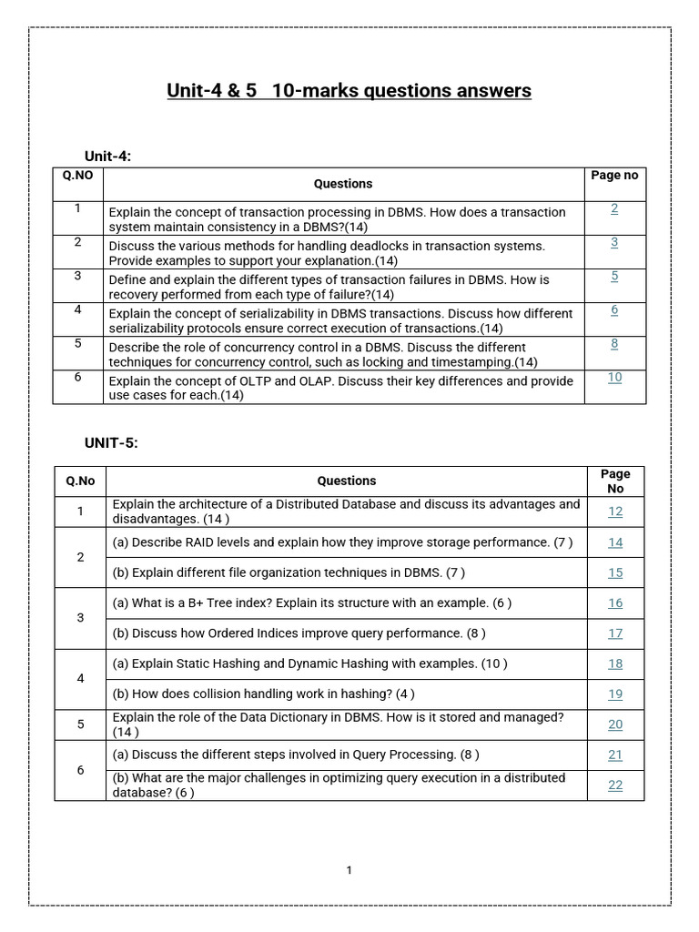 DBMS unit-4&5 10 marks QB answers | PDF | Database Transaction | Database Index