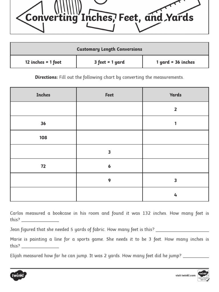 Fourth Grade Inches Feet and Yards Conversion Activity and Reference ...