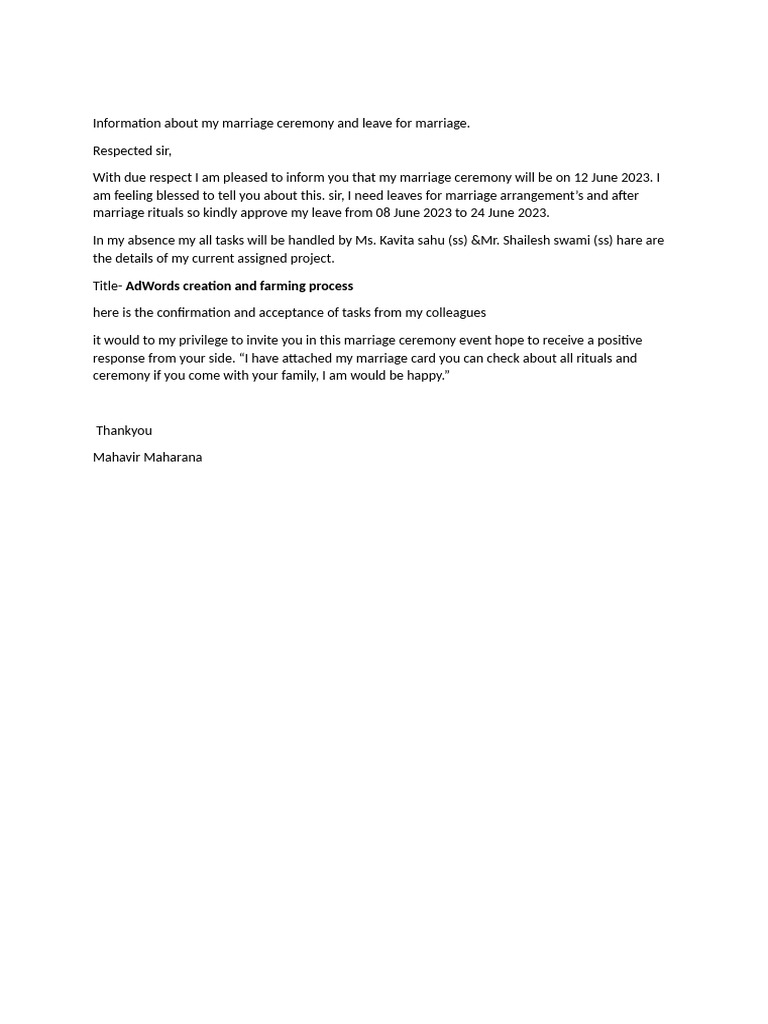 Inform About My Marriage Ceremony and Leave Applications | PDF