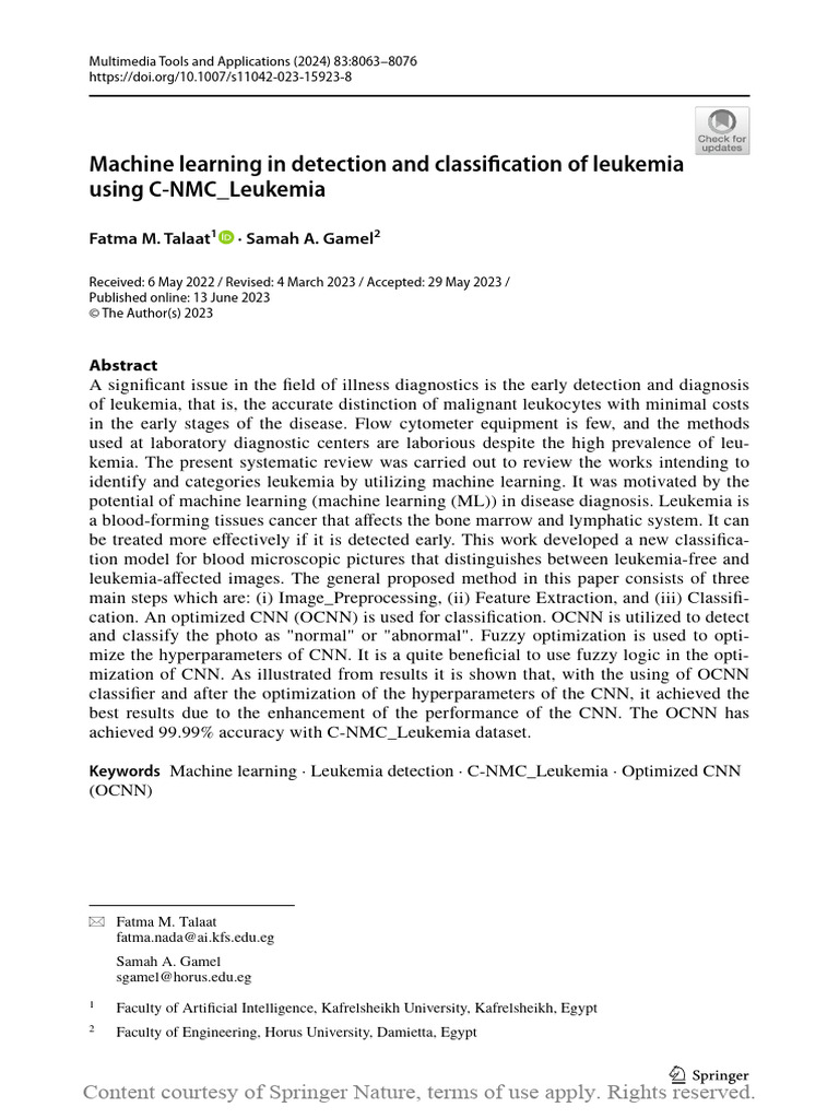 Machine Learning in Detection and Classification o | PDF | Leukemia | Medical Diagnosis
