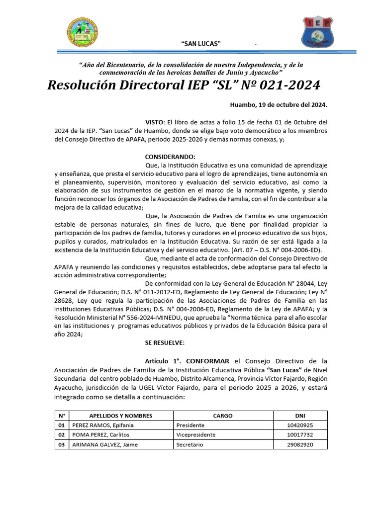 RD. N° 12-APAFA-2024 | PDF