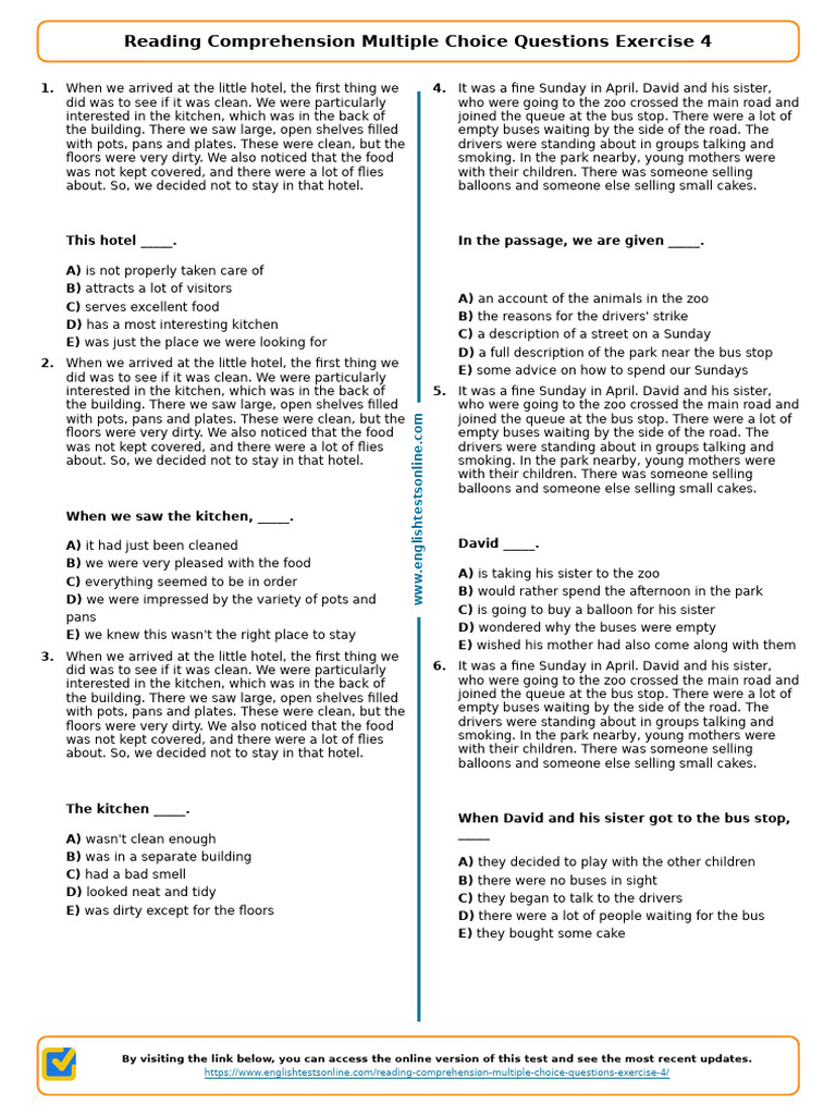 1874 - Reading Comprehension Multiple Choice Questions Exercise 4 | PDF ...