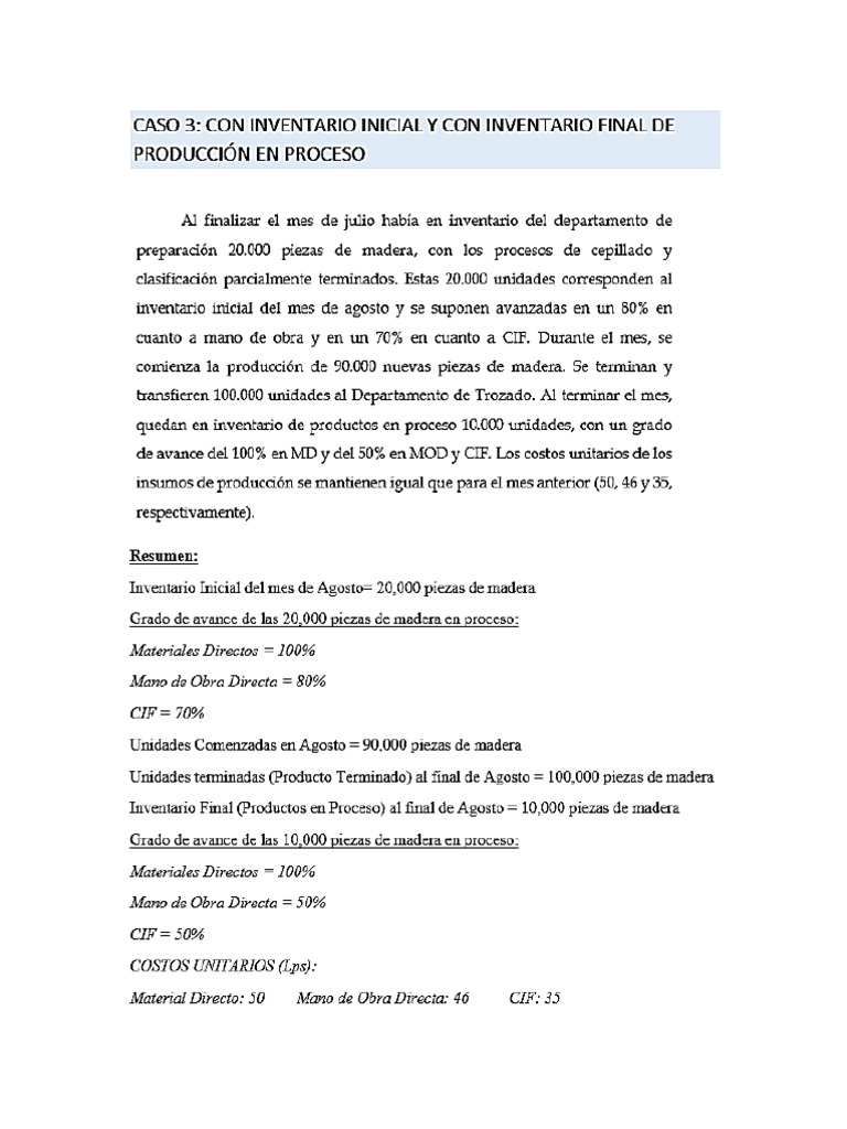 ejemplo caso 3 sistema de costeo por proceso | PDF