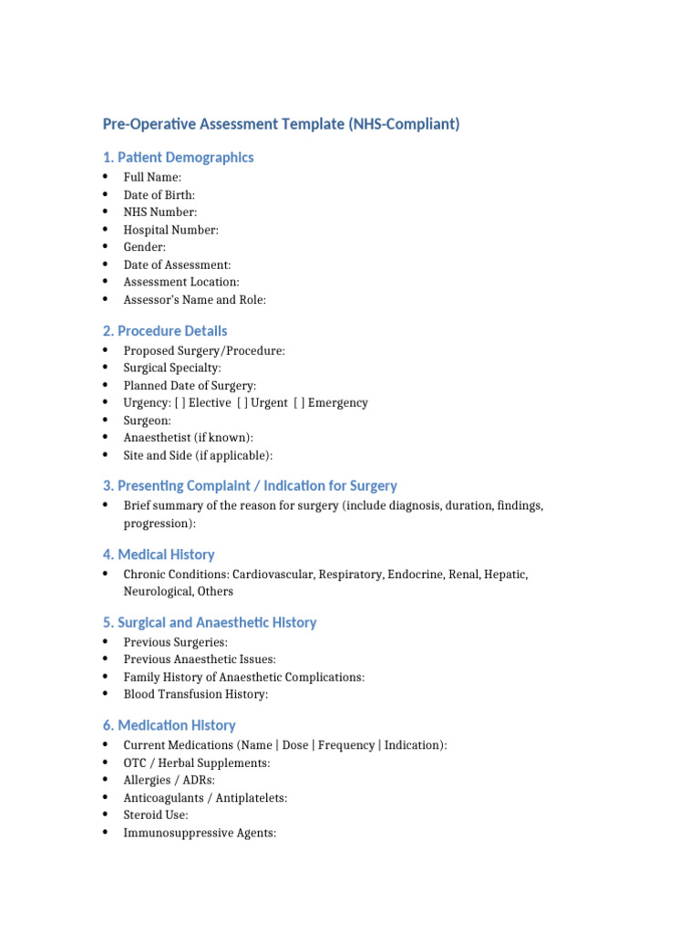 Pre-Operative Assessment Template | PDF | Surgery | Anesthesia
