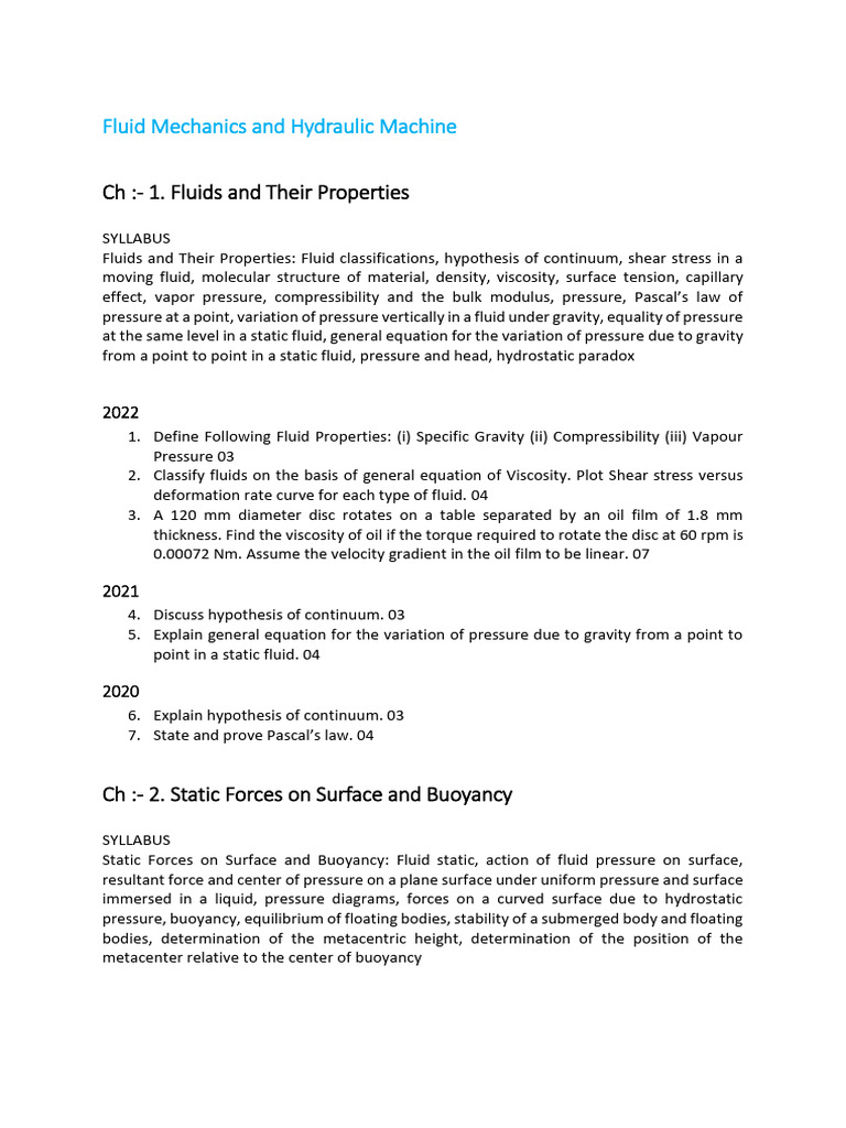 Ch:-1. Fluids and Their Properties: Fluid Mechanics and Hydraulic ...