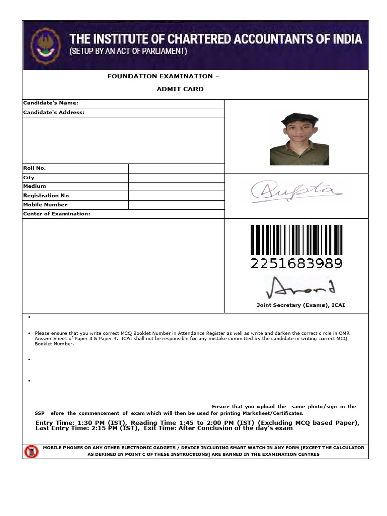 CA Foundation Admit Card | PDF | Multiple Choice