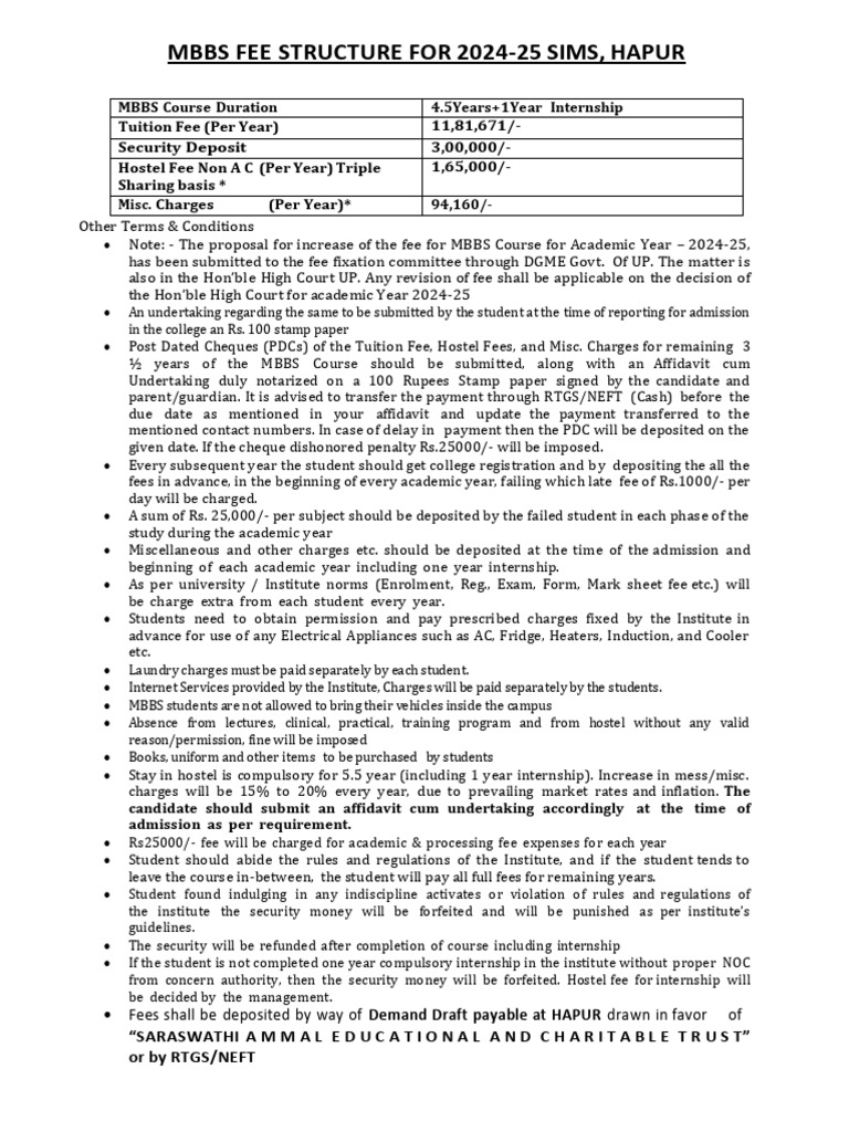 MBBS Fee Structure For 2024 25 Sims Hapur 01.01.2025 1 | PDF