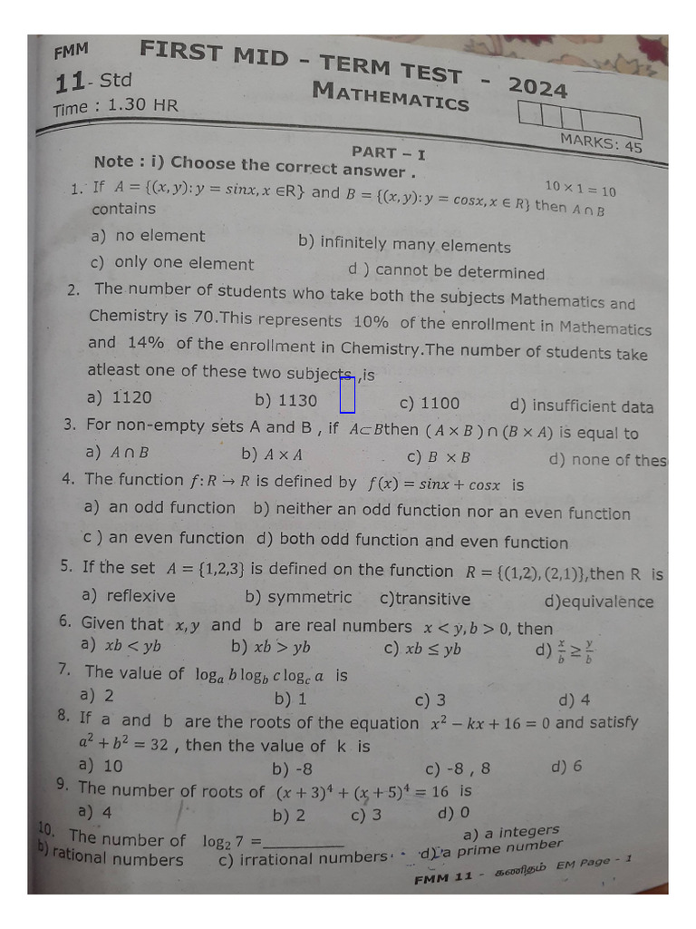 11th Maths 1st Mid Term Test 2024 Original Question Paper Madurai