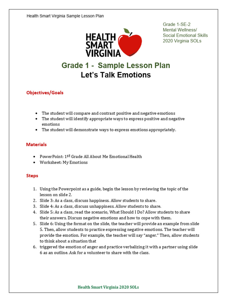 Grade 1 Emotions Lesson Plan | PDF | Emotions | Anger