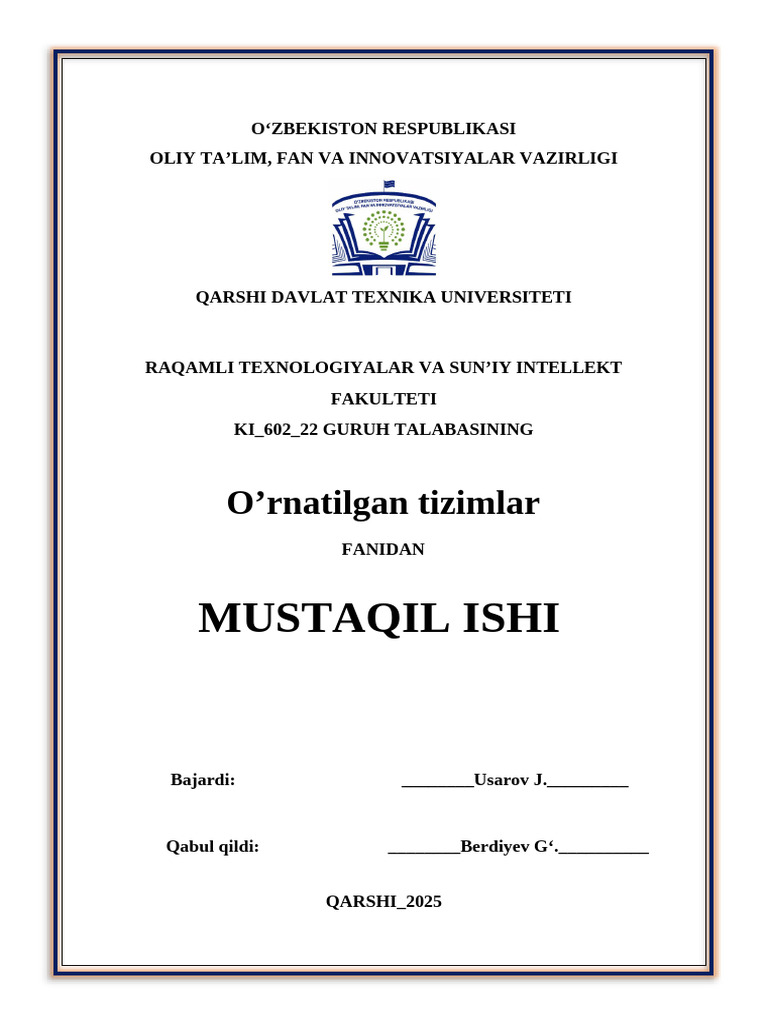 Jakhongir - Usarov (O'rnatilgan Tizimlar MI1) | PDF