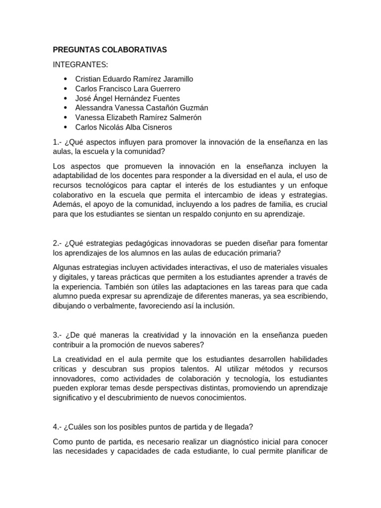 PREGUNTAS COLABORATIVAS CHAYO | PDF | Enseñando | Salón de clases