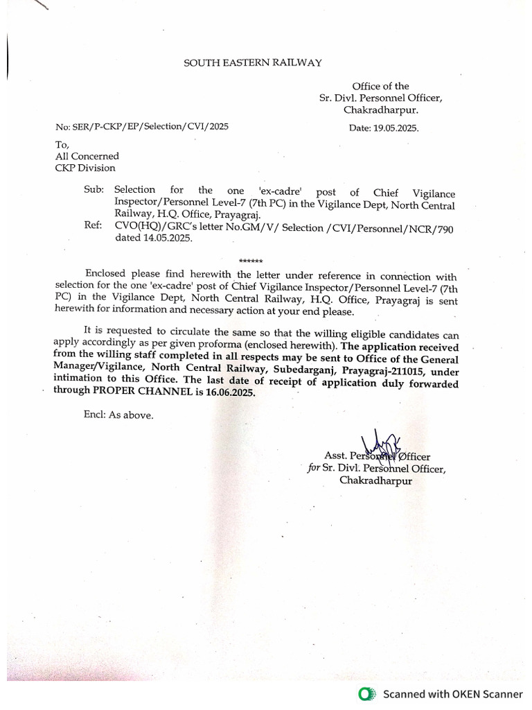 Selection For 'Ex-Cadre' Post of Chief Vigilance Inspector Personnel ...