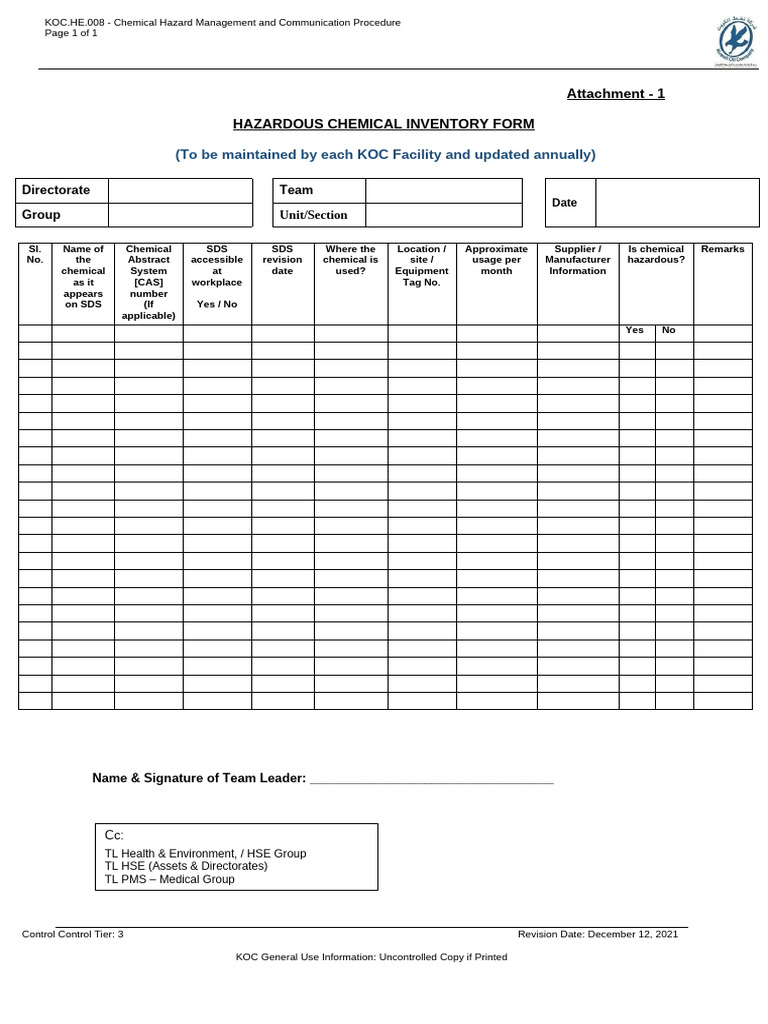 KOC - HE.008 - Attachment - 1 (Hazardous Chemical Inventory Form) | PDF