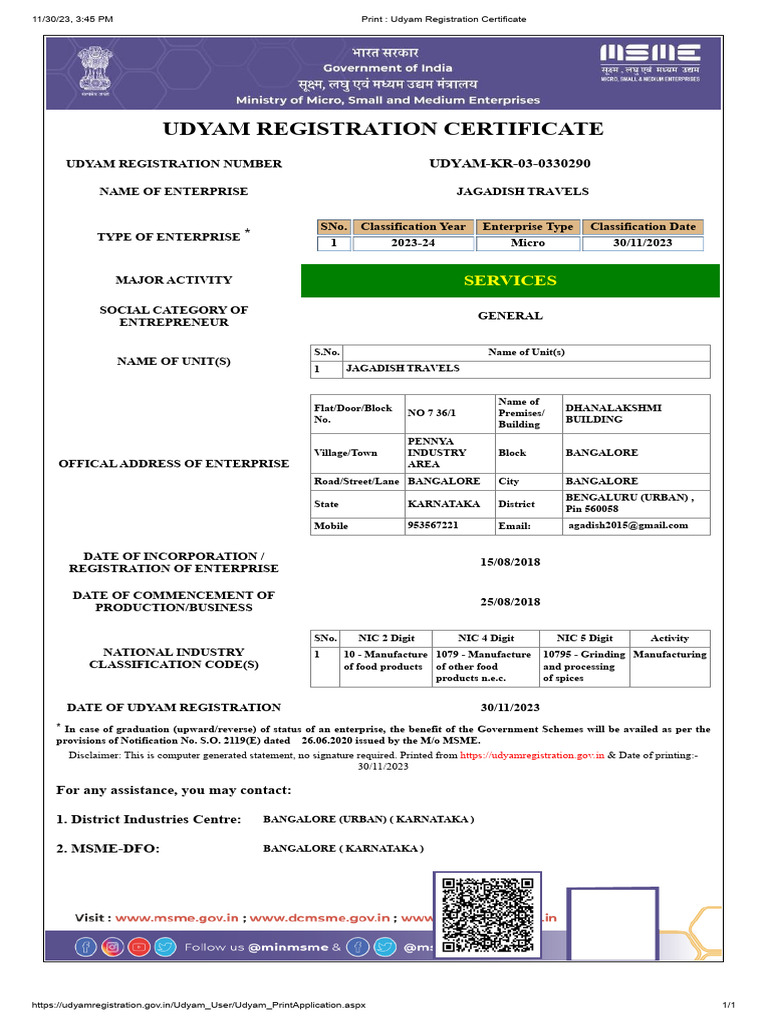 Print - Udyam Registration Certificate | PDF