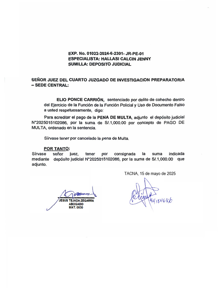 Escrito Exp 1022-2024-6 Deposito Judicial | PDF