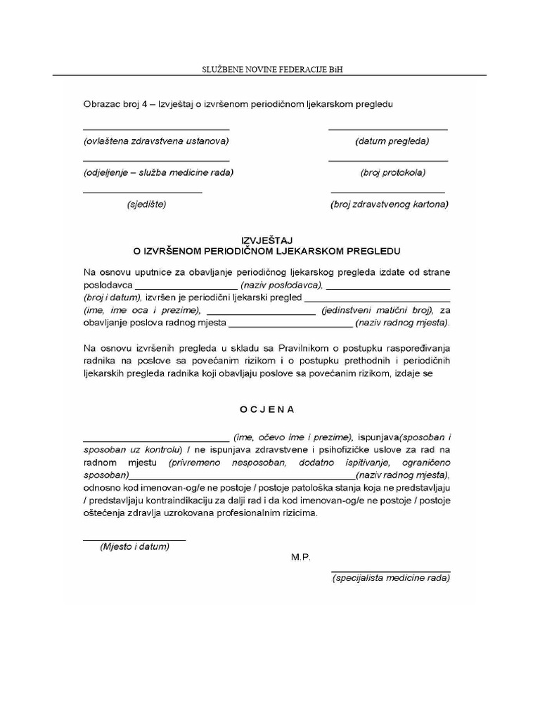 Obrazac Broj 4 Izvjestaj o Izvrsenom Periodicnom Ljekarskom Pregledu | PDF