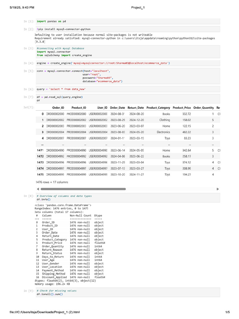 Project - 1 Python Work Using SQL Database | PDF
