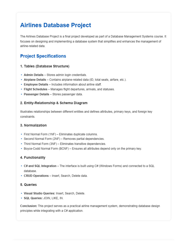 Airlines Database Management System Project | PDF