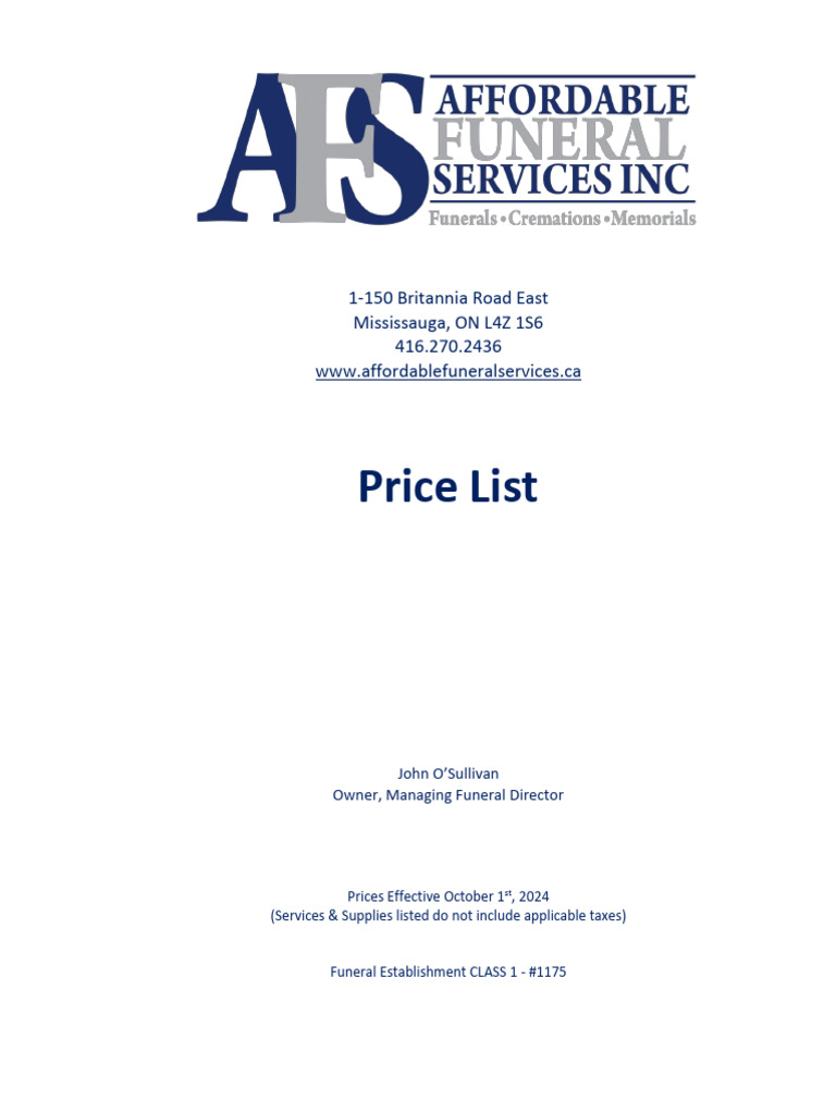 AFS Funeral Price List 2024 | PDF | Funeral | Cremation