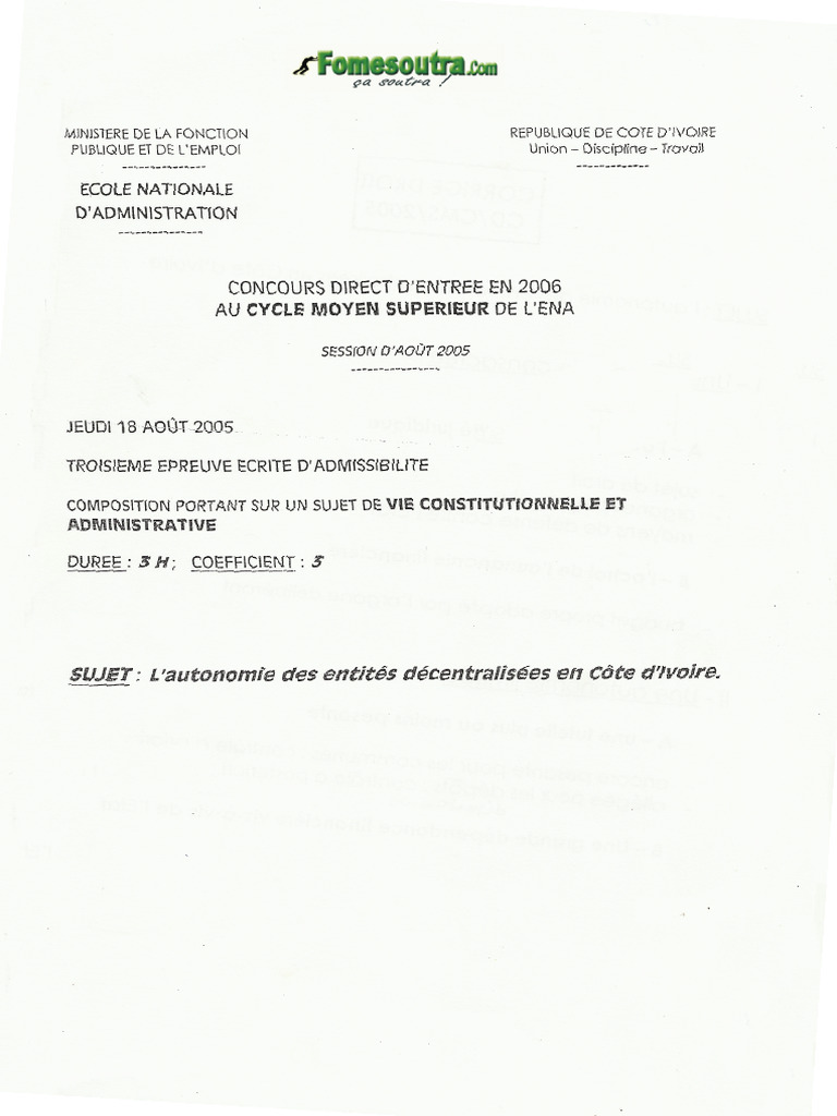 Sujet Vie Constitutionnelle Et Administrative Ena | PDF