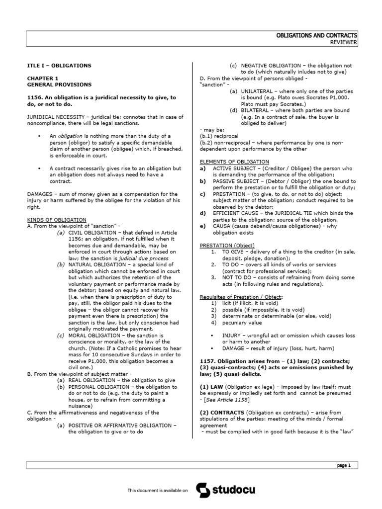 Oblicon-Reviewer - de Leon Oblicon | PDF | Negligence | Law Of Obligations