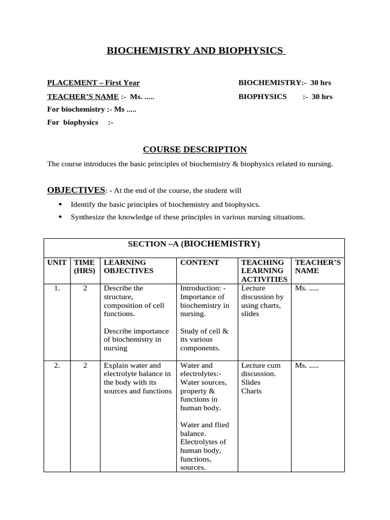 BIOCHEM & BIOPHY Course and Unit Plan | PDF | Force | Metabolism